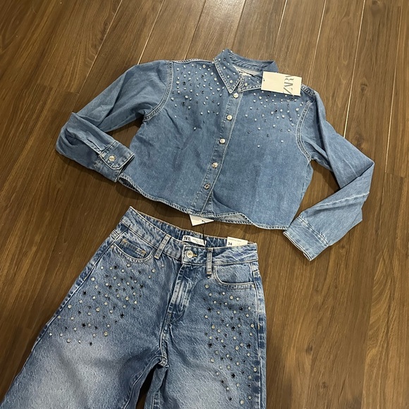 Zara | Pants & Jumpsuits | Zara Rhinestones Denim Cropped Top And Pant ...